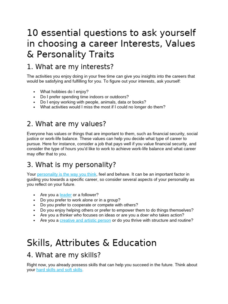 10 Essential Questions To Ask Yourself in Choosing A Career | PDF ...