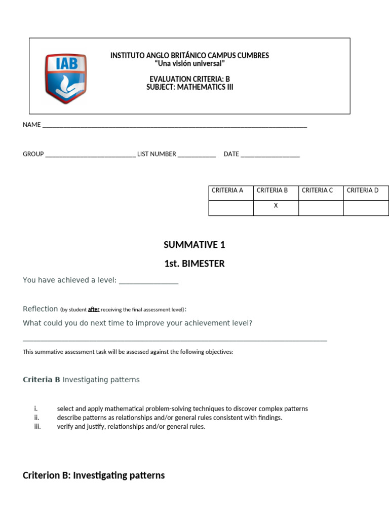 MYP III Math Summative Aassessment IB Criteria B | PDF | Numbers ...