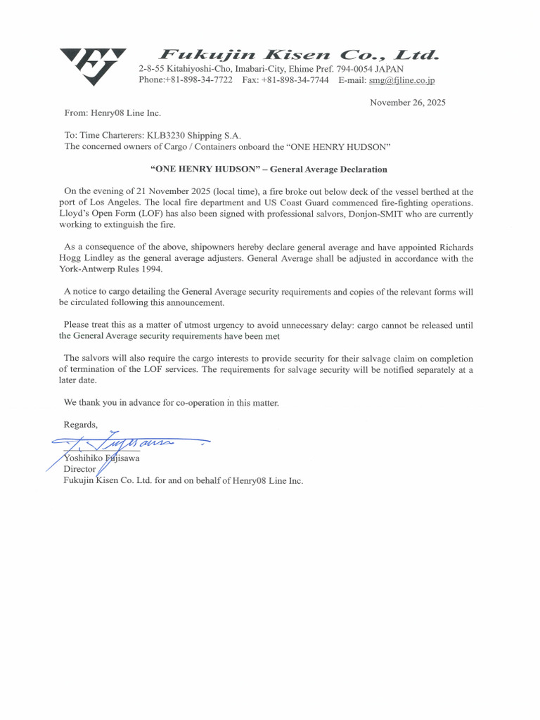 ONE HENDRY HUDSON - General Average Declaration | PDF