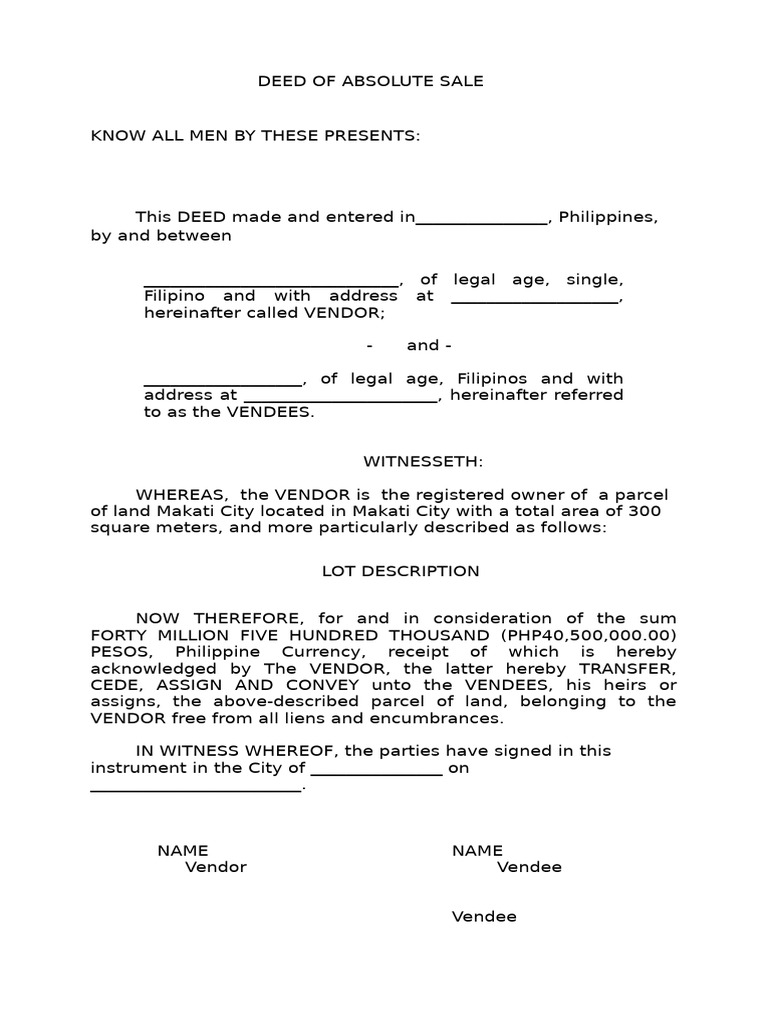 Deed of Absolute Sale Draft | PDF