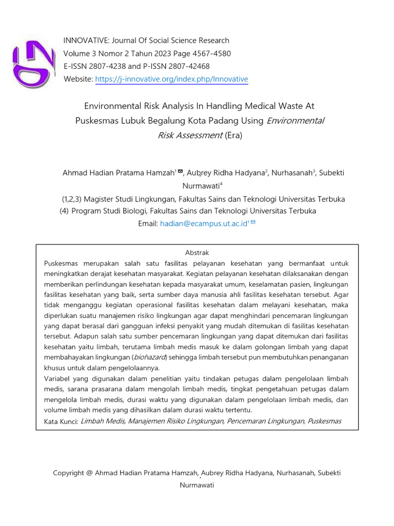 Medical Waste Risk Assessment at Puskesmas | PDF