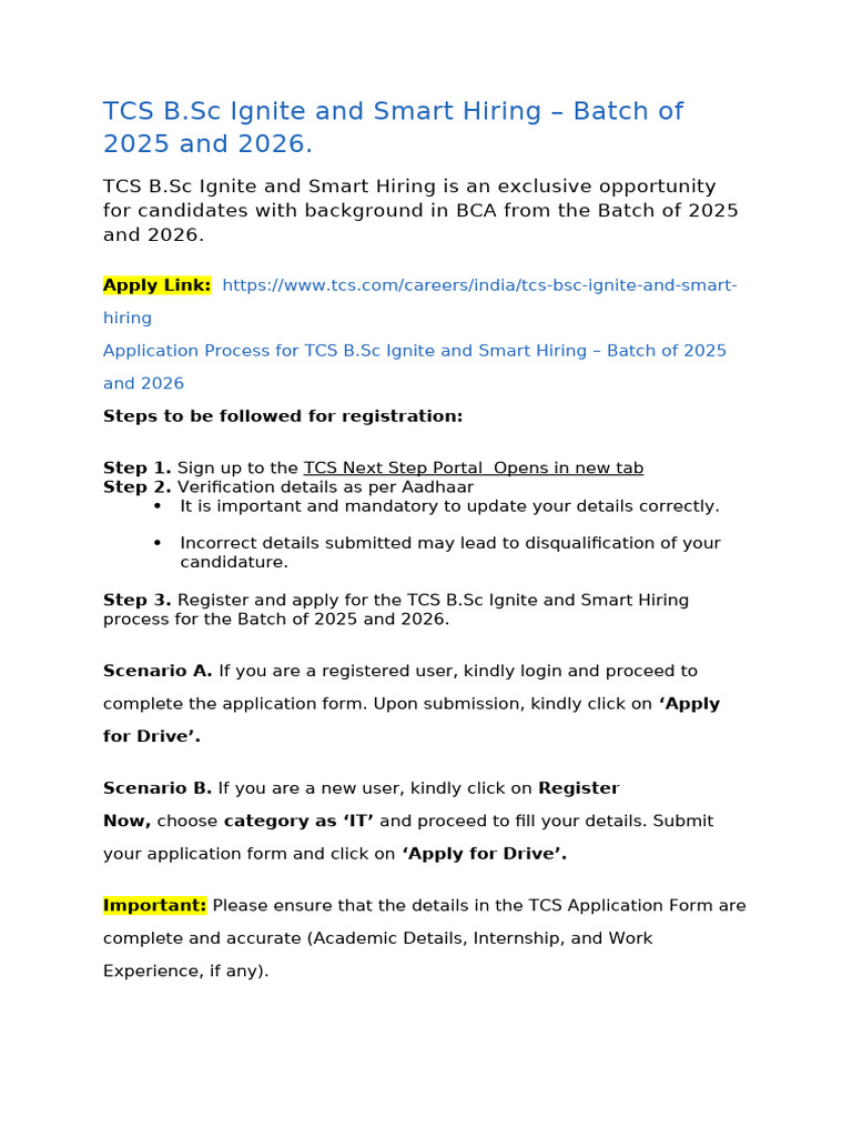 TCS B.SC Ignite and Smart Hiring - Batch of 2025 and 2026. | PDF