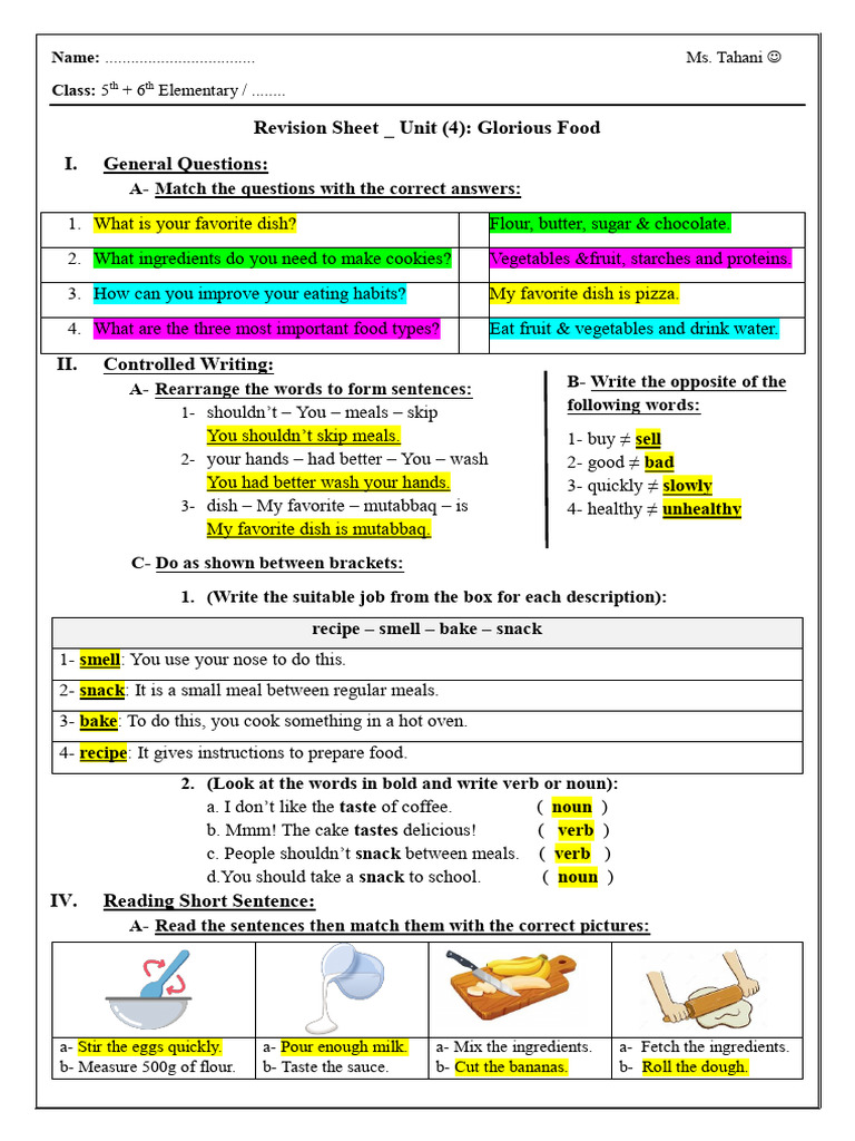 Top Goal 2 - Unit 4 Glorious Food - Worksheet (Answer Key) | PDF | Meal ...