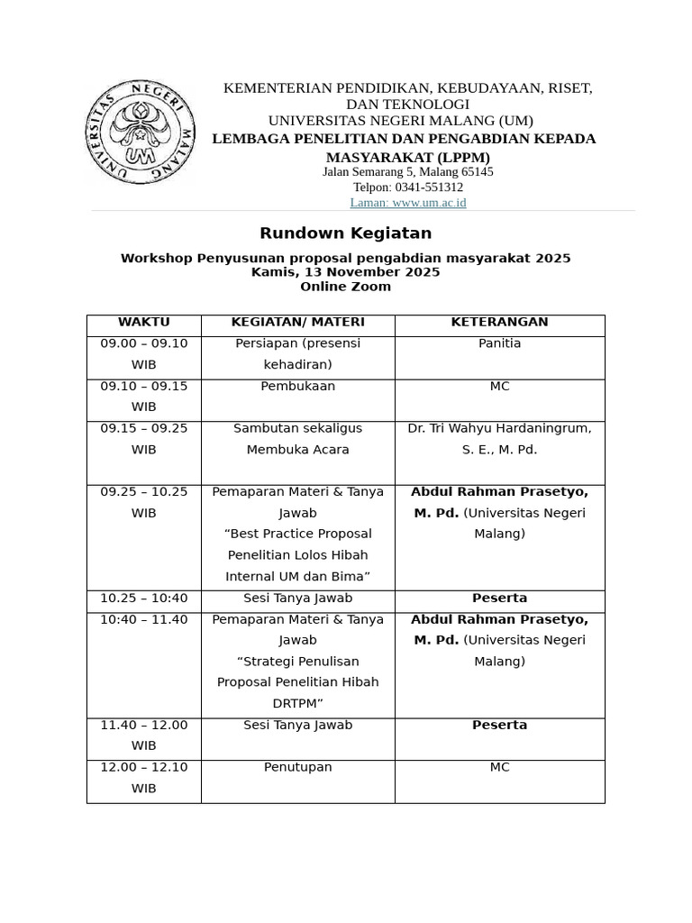RUNDOWN KEGIATAN WORKSOP Proposal Pengabdian | PDF