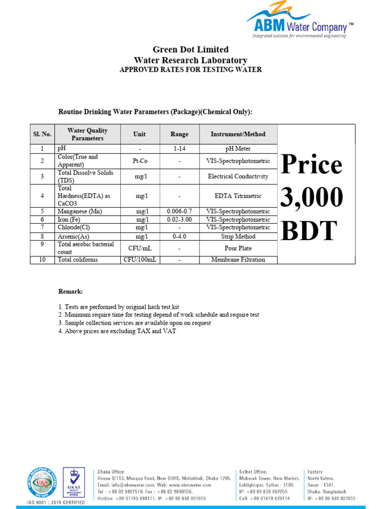 Routine Drinking Water Parameters (Package) Chemical Only | PDF