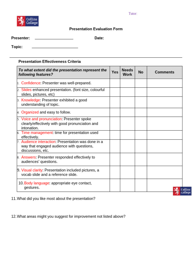 Presentation Evaluation Form | PDF