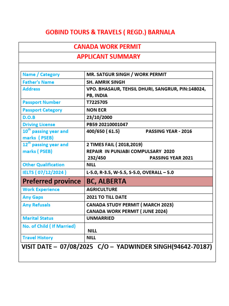 Satgur Singh Canada Work Permit Documents | PDF | Human Migration ...
