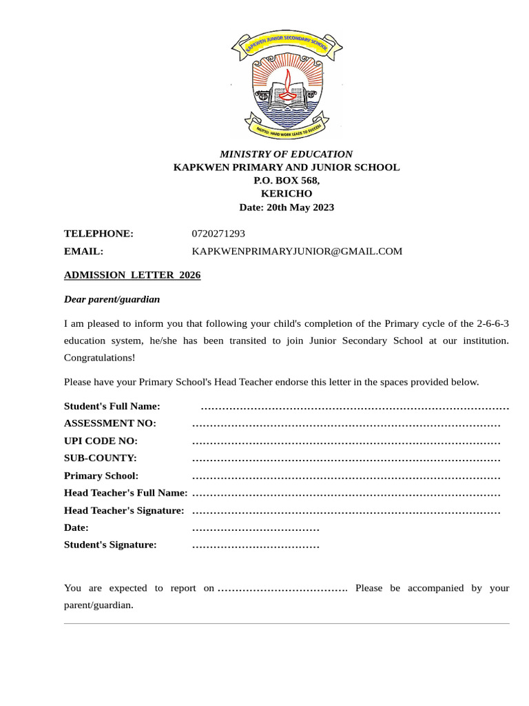 Kapkwen Junior Secondary Admission Letter | PDF | Sweater | Clothing