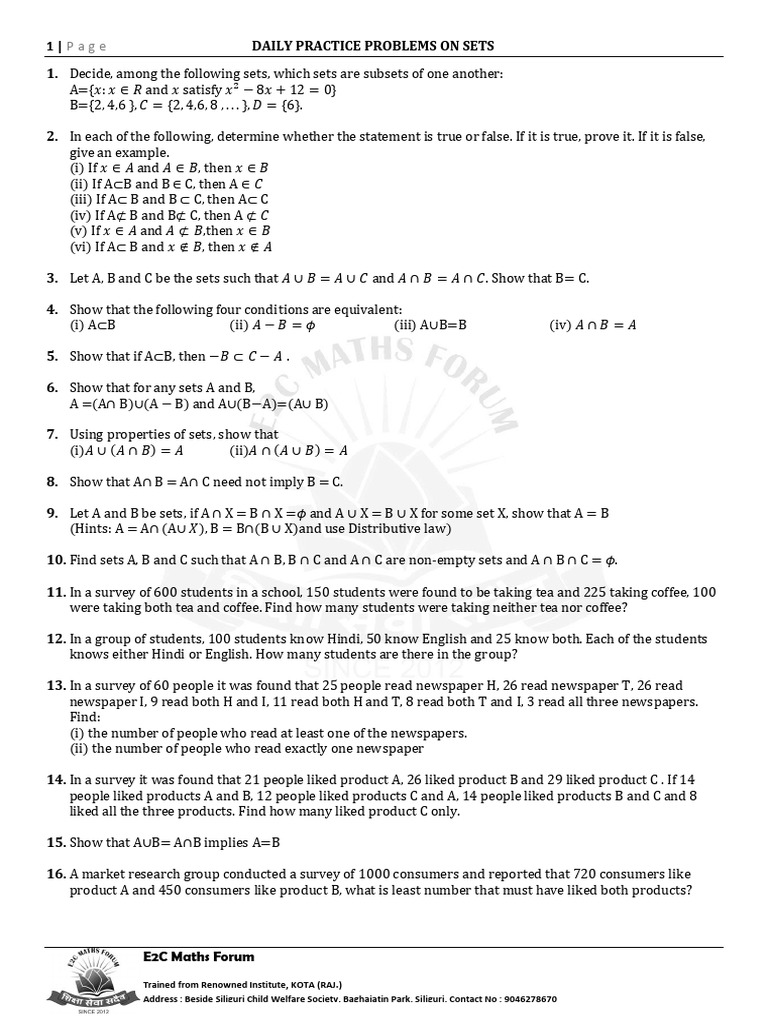 Daily Set Theory Practice Problems | PDF | Element (Mathematics ...