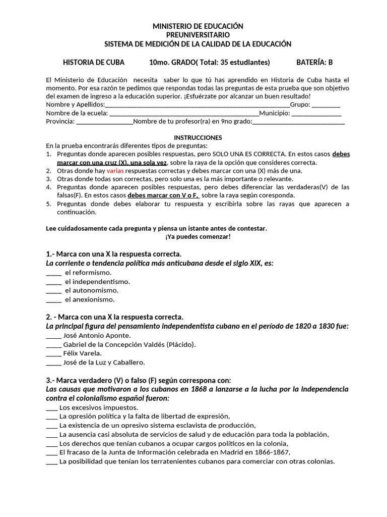 Prueba de Historia de Cuba 10mo Grado | PDF | Cuba