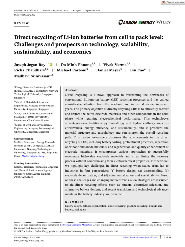 Direct Recycling of Lithium-Ion Batteries | PDF | Lithium Ion Battery ...