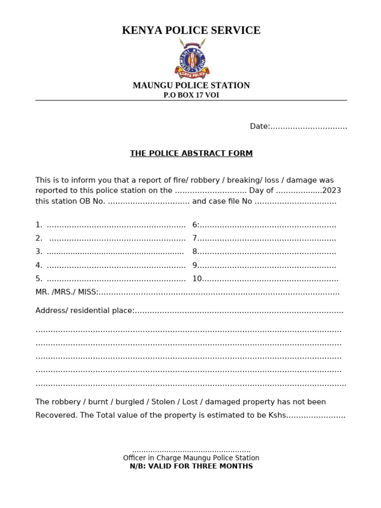 Kenya Police Abstract Form Template | PDF