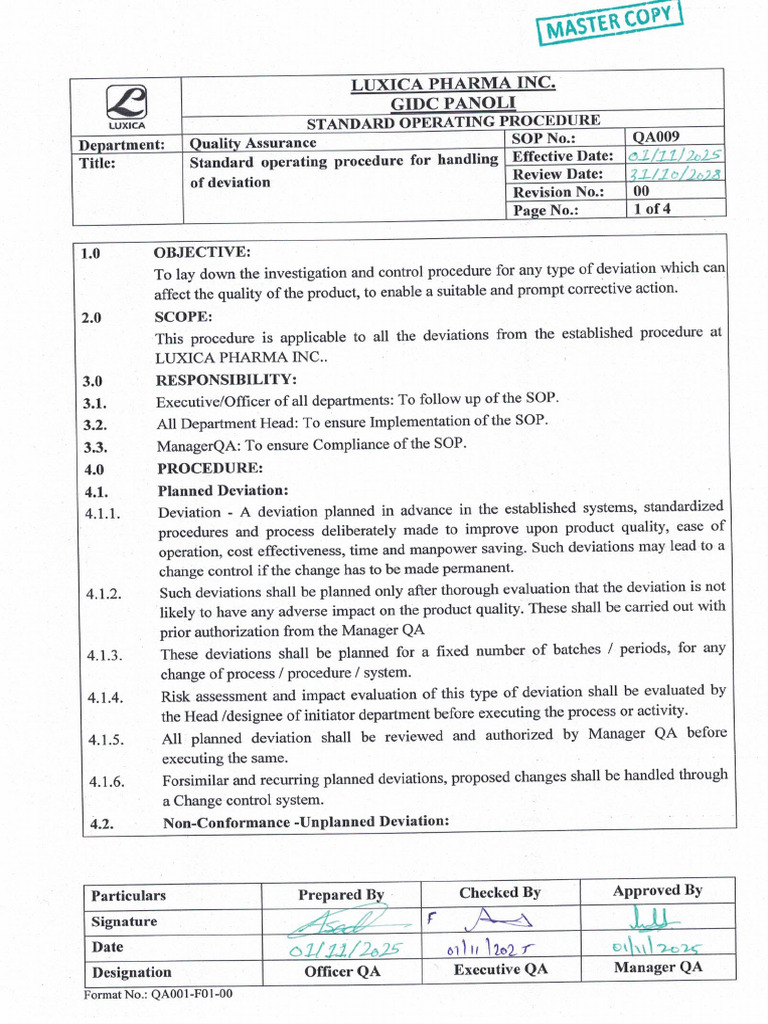 Qa 009 Sop For Handling of Deviation | PDF