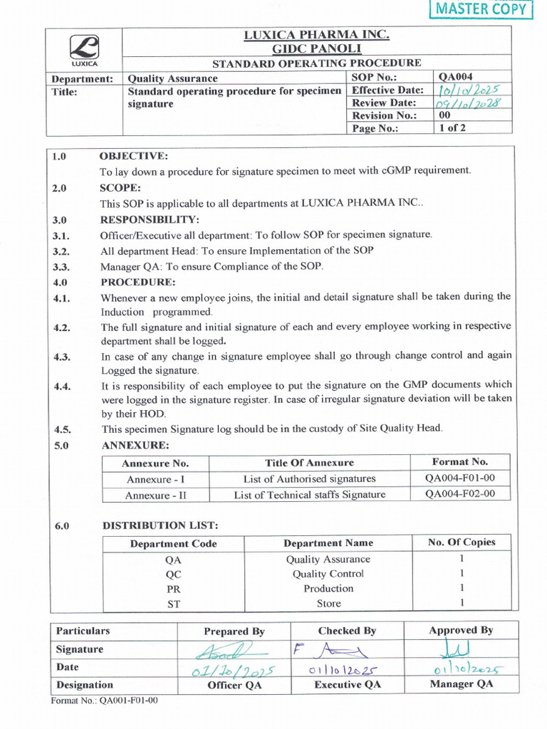 Qa 004 Sop for Specimen Signature | PDF