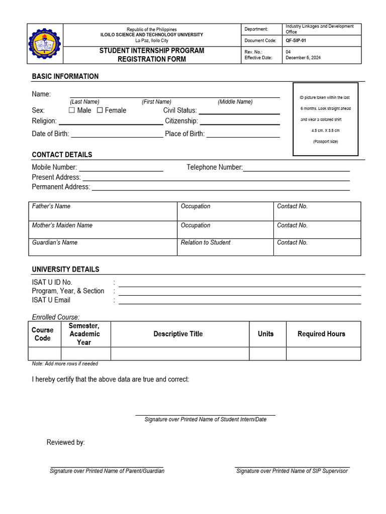 Student Internship Program Registration Form | PDF | Government And ...