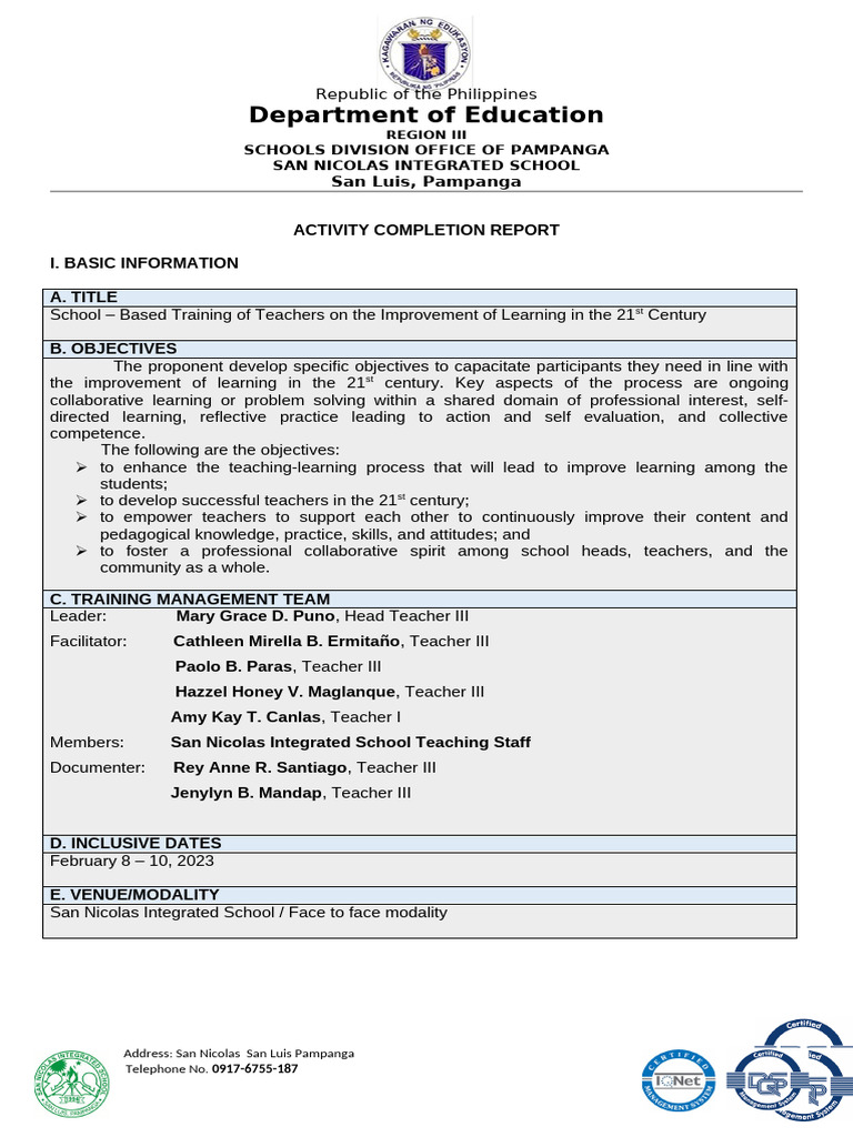 Acr On School Based Inset S.Y. 2022 2023 | PDF | Learning