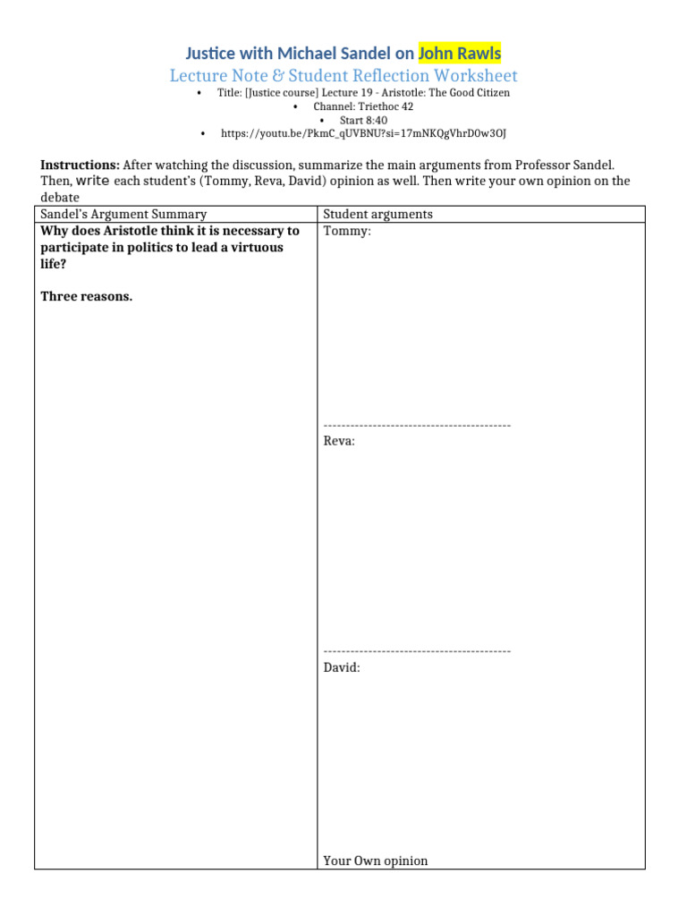 Justice Lecture Worksheet 8단원 | PDF