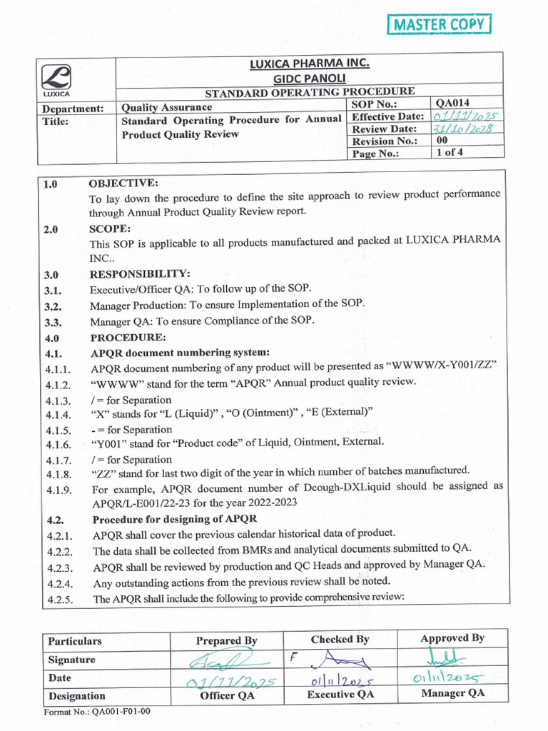Qa 014 Sop For Annual Product Quality Review | PDF