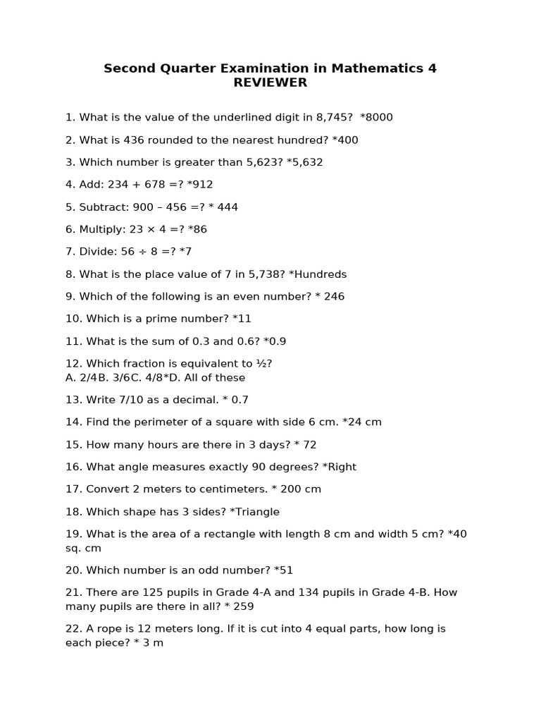 Math 4 Second Quarter Exam Reviewer | PDF | Area | Length