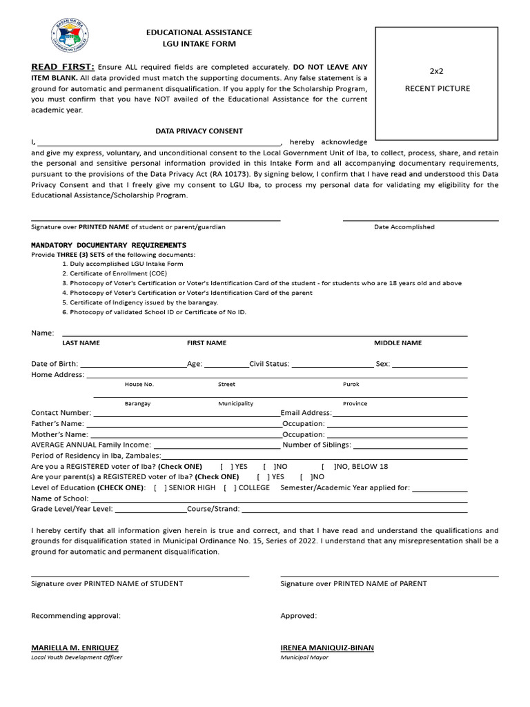 LGU Educational Assistance Intake Form | PDF | Identity Document ...