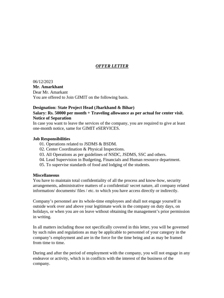 GIMIT Offer Letter for State Project Head | PDF | Employment | Business