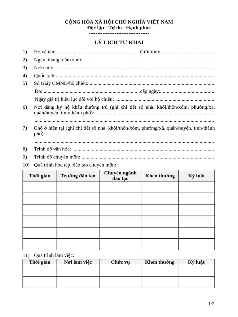 Mau Ly Lich Tu Khai Cua Ung Cu Vien 216 | PDF