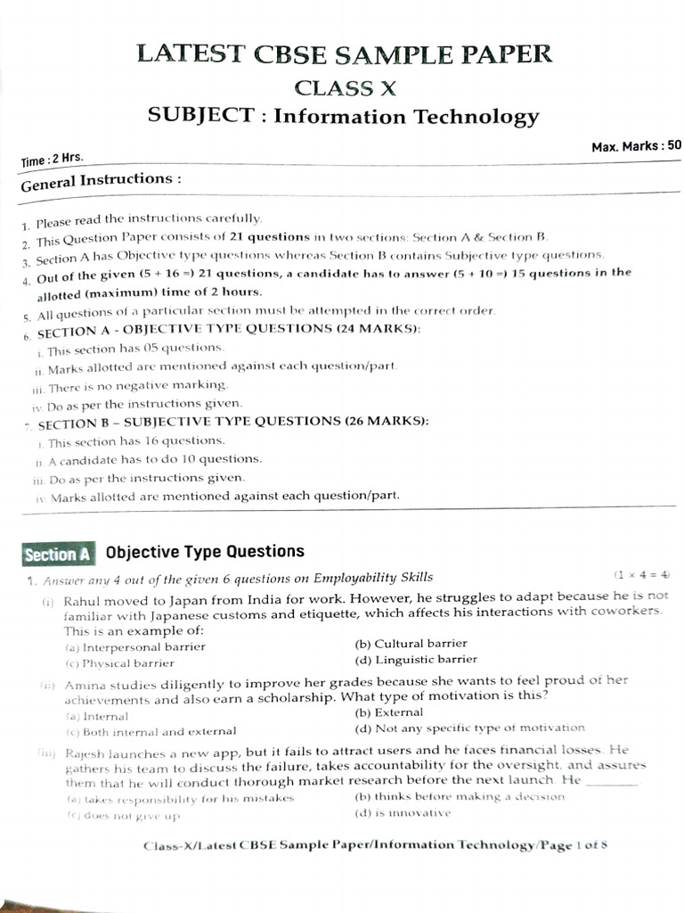Sample Paper 1 Class 10 IT | PDF