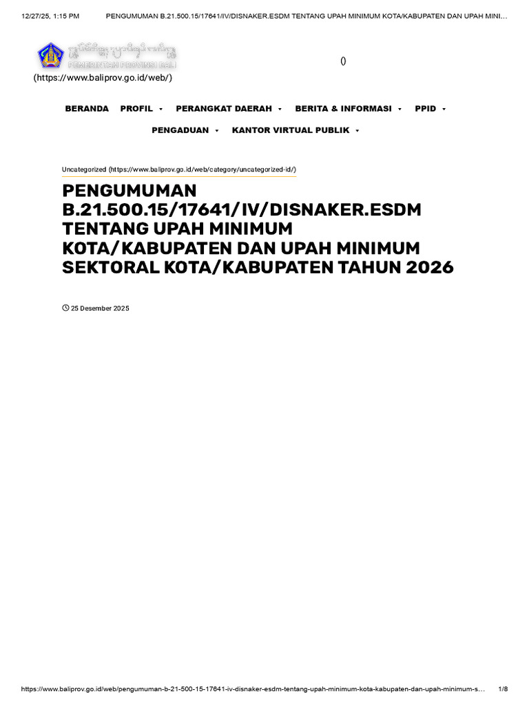 Upah Minimum Kota/Kabupaten 2026 | PDF