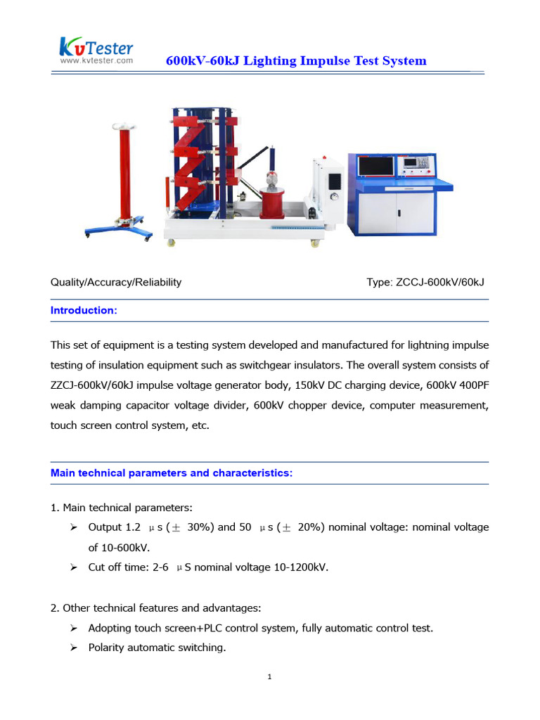 600kV 60kJ Lightning Impulse Test System | PDF | Amplitude | Capacitor
