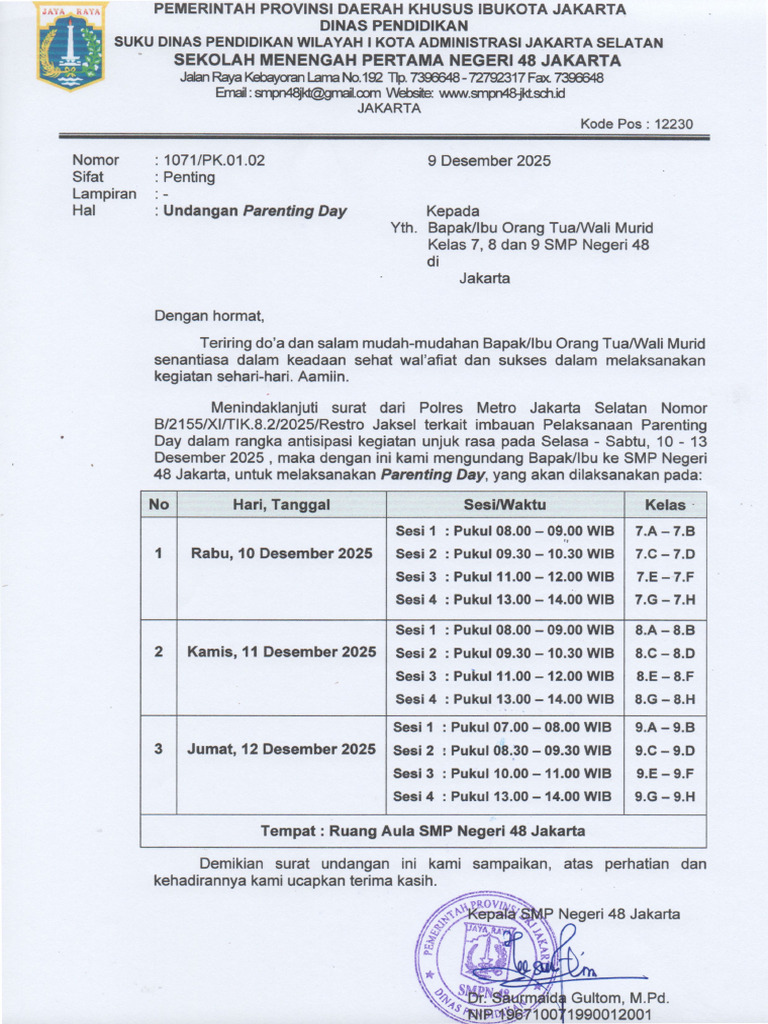 Undangan Parenting Day SMPN 48 | PDF