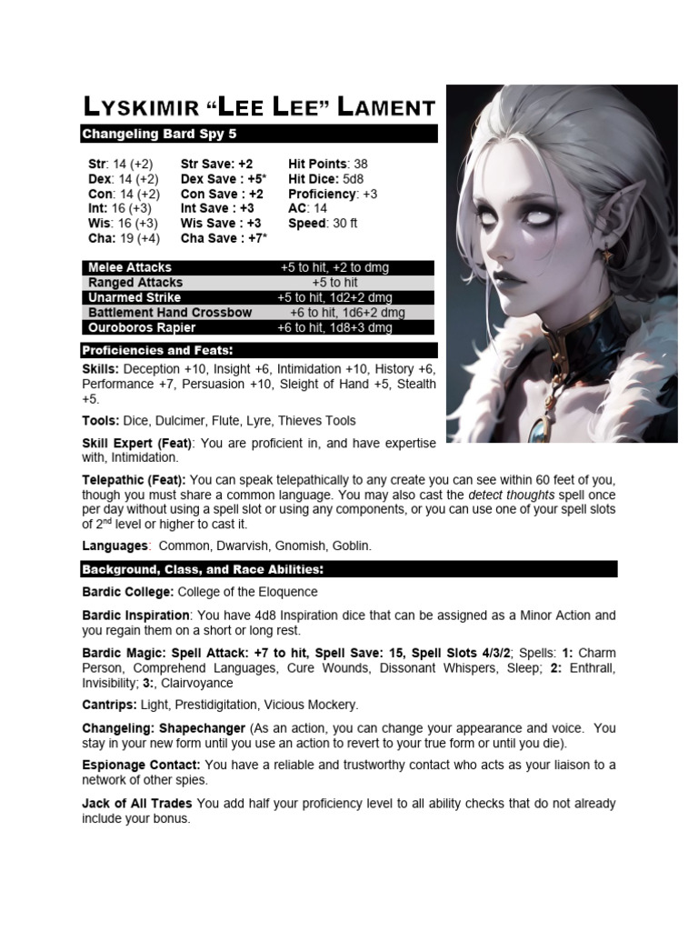 Lyskimir Lament Changeling Bard of Eloquence College | PDF