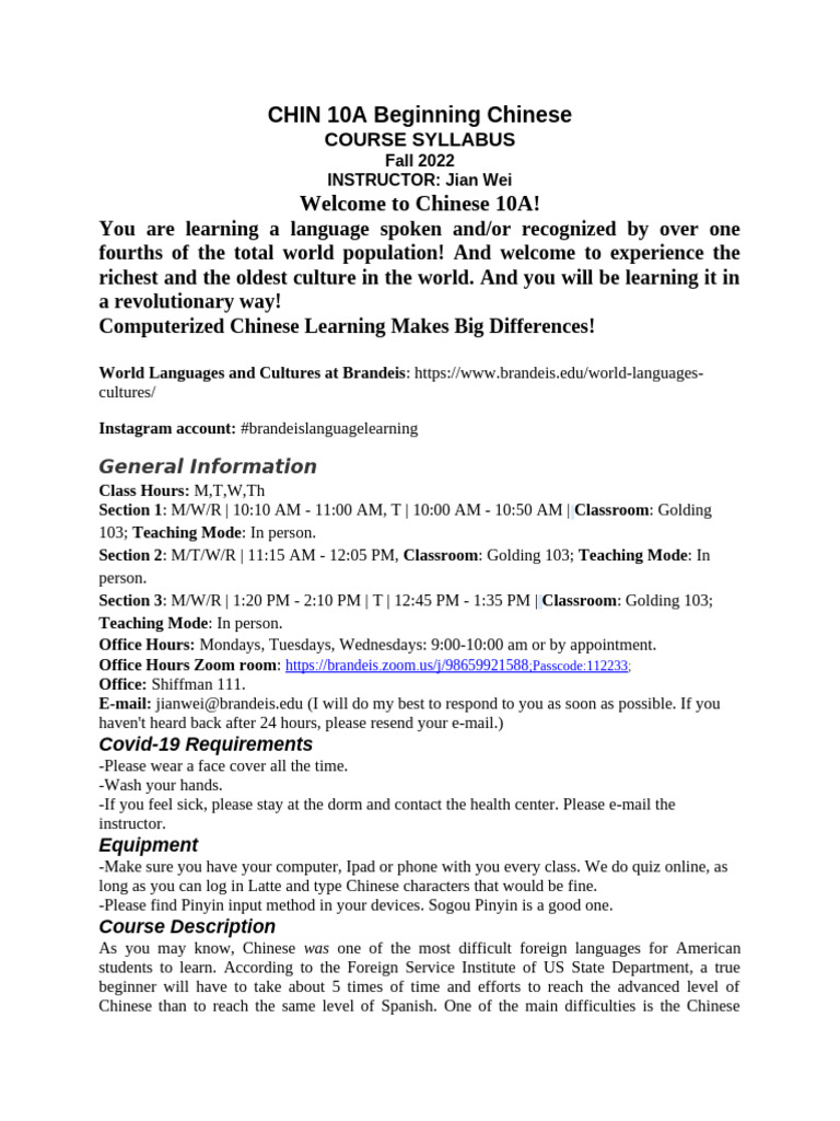 Beginning Chinese Course Syllabus 2022 | PDF | Chinese Language | Pinyin