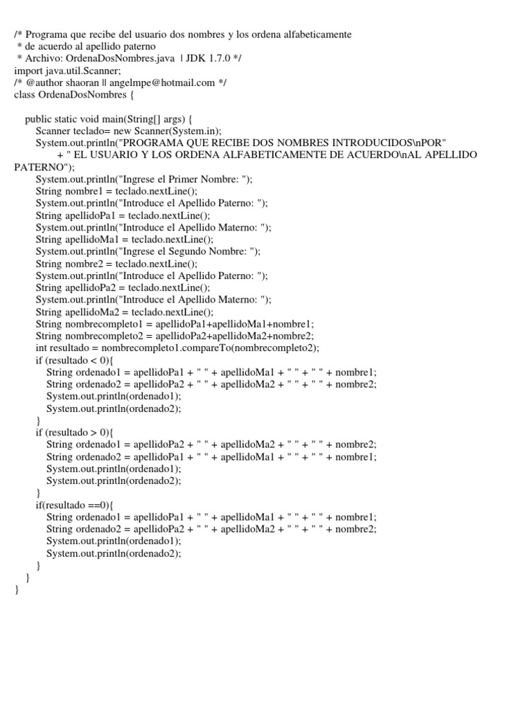 Programa en Java Que Ordena Alfabéticamente Dos Nombres de Acuerdo Al ...