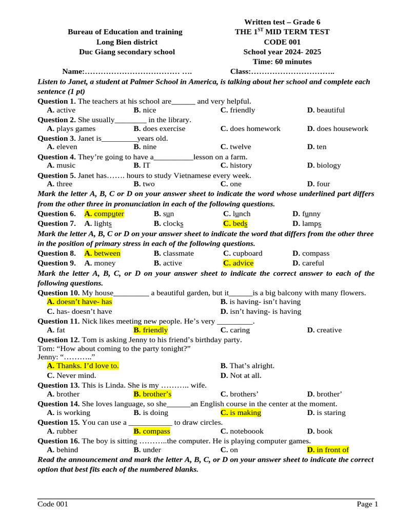 Grade 6 Mid Term Test 2024-2025 | PDF