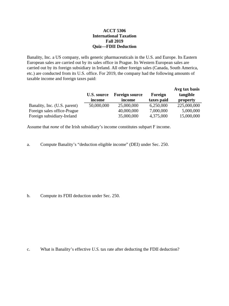ACCT 5306 - Fall 2019 - Quiz FDII Deduction | PDF