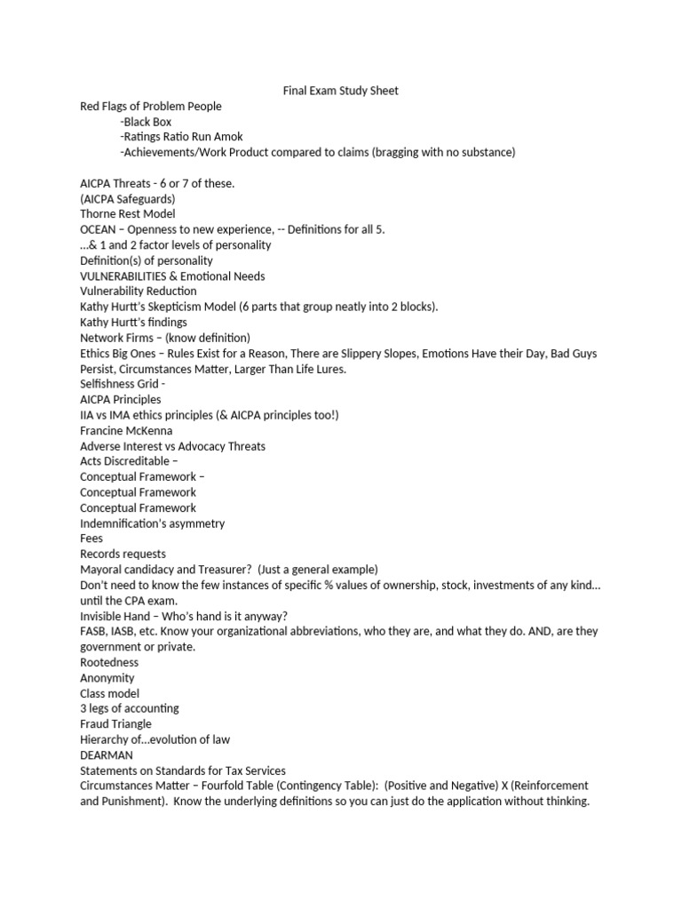 Final Exam Study Sheet | PDF