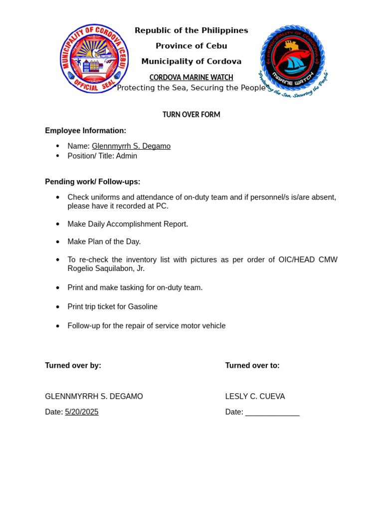 Turn Over Form | PDF