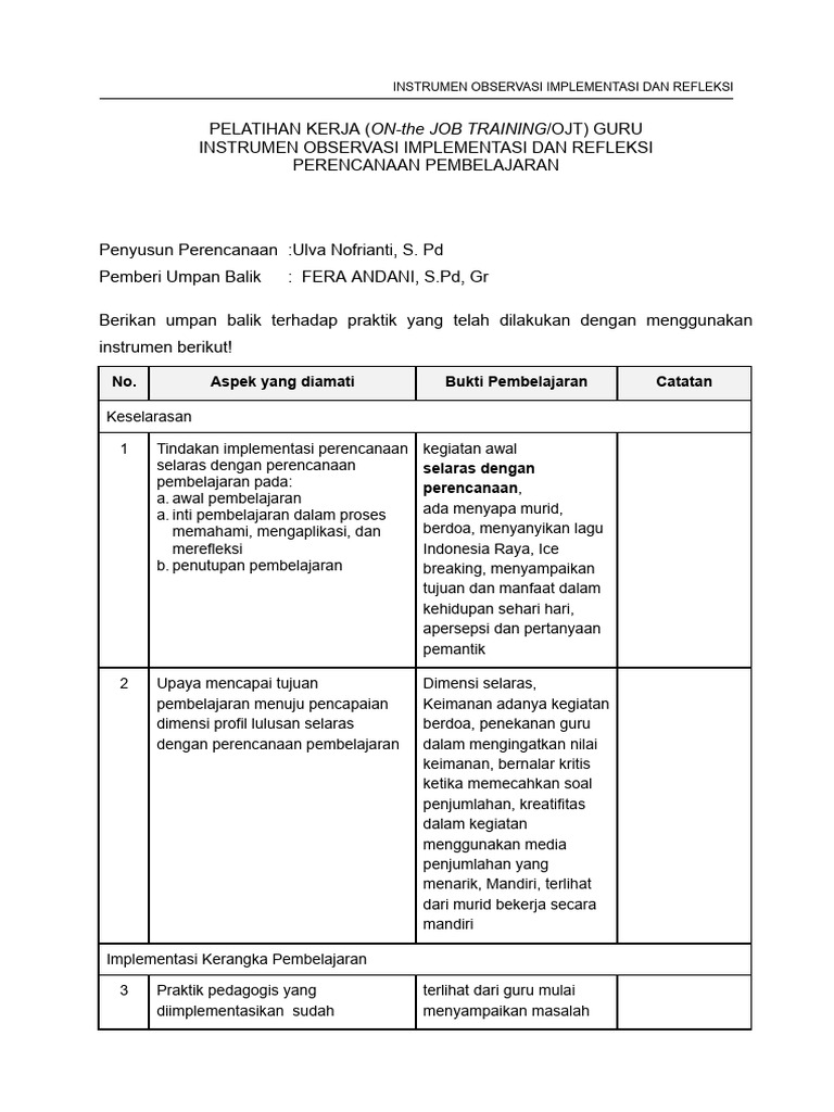 Observasi dan Refleksi OJT Guru | PDF