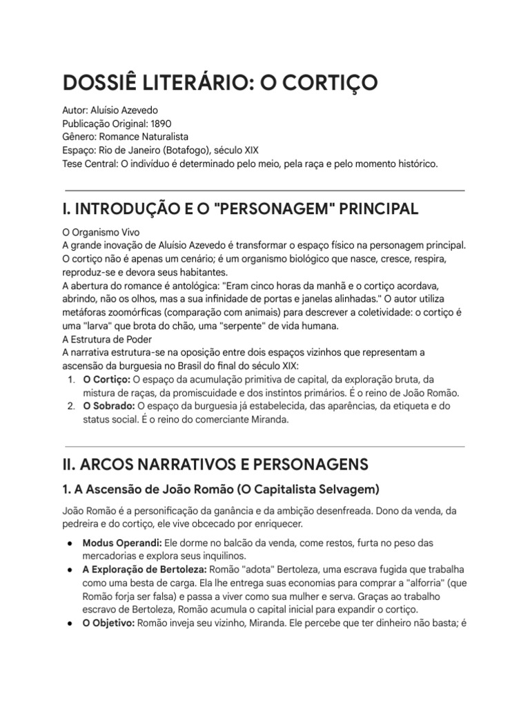 Análise de O Cortiço: Naturalismo e Capitalismo | PDF
