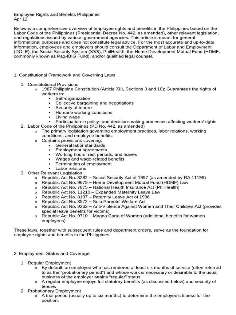 Employee Rights & Benefits in the Philippines | PDF | Cost Of Living ...