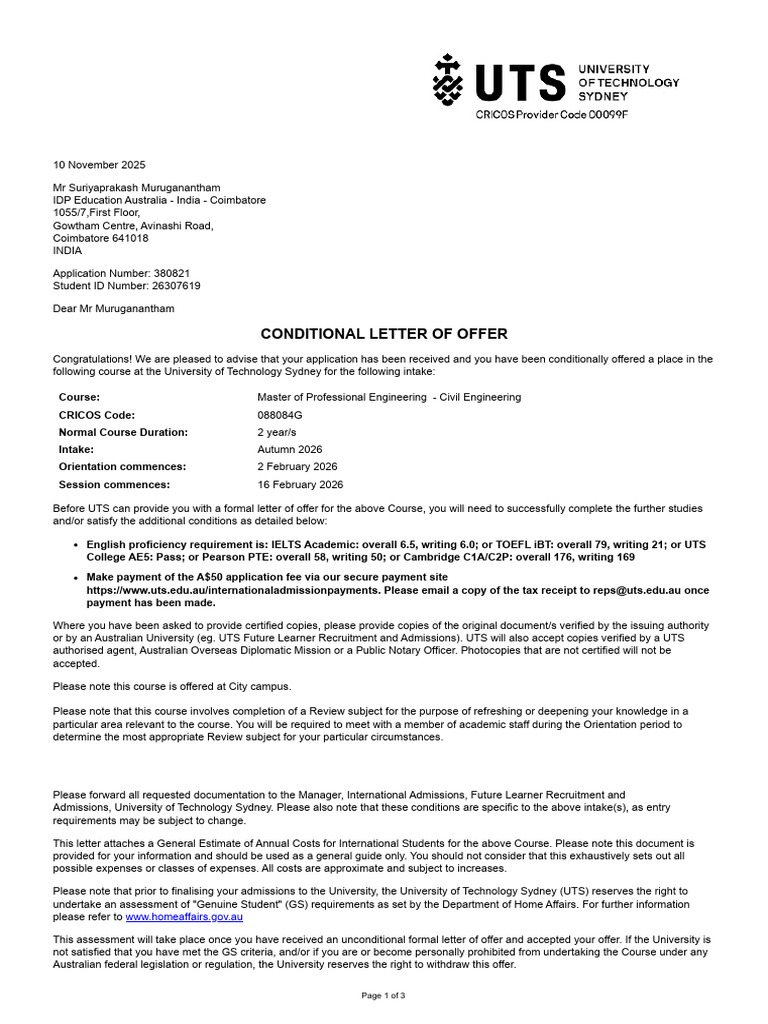 UTS Conditional Offer for Civil Engineering | PDF | Cost Of Living ...