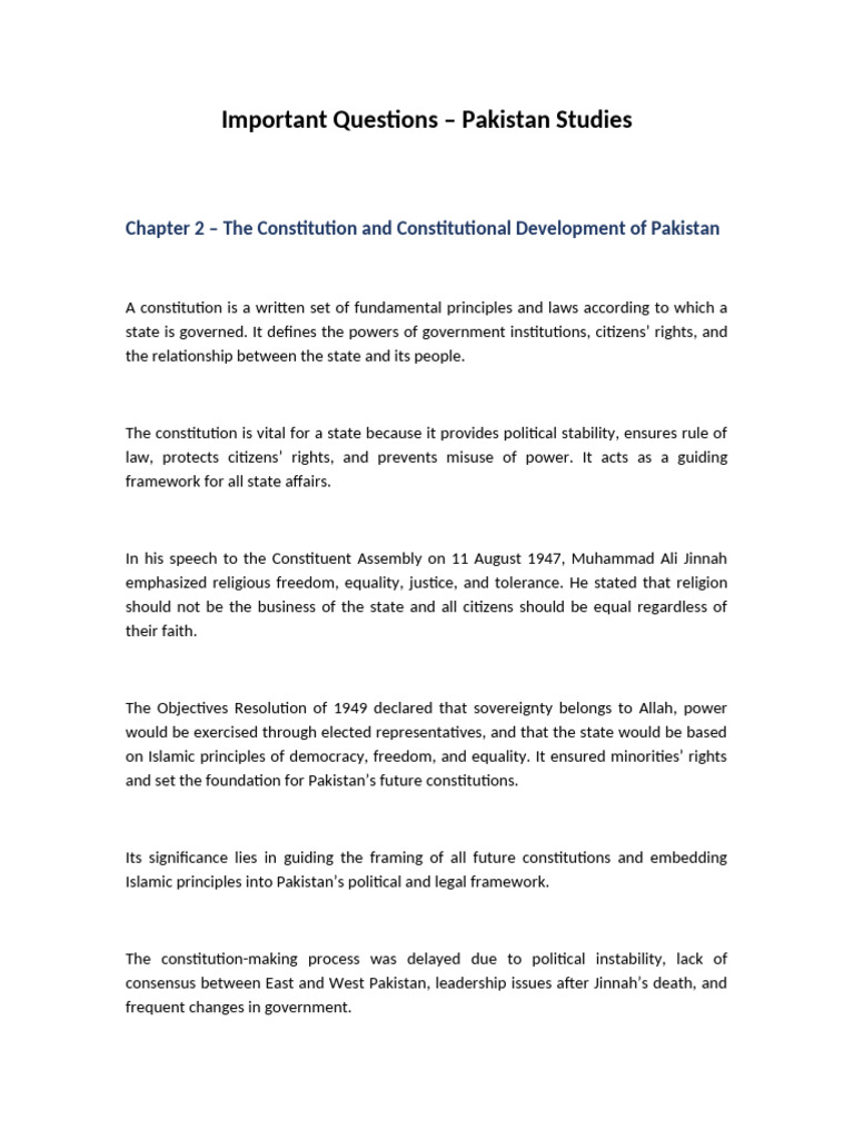 Pakistan Studies Important Questions | PDF | Pakistan | Government