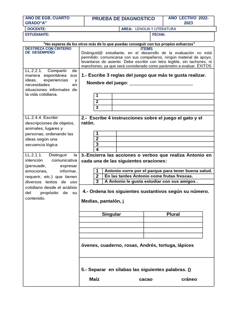 Diagnostico Destrezas de Cuarto | PDF | Tierra | Habitat