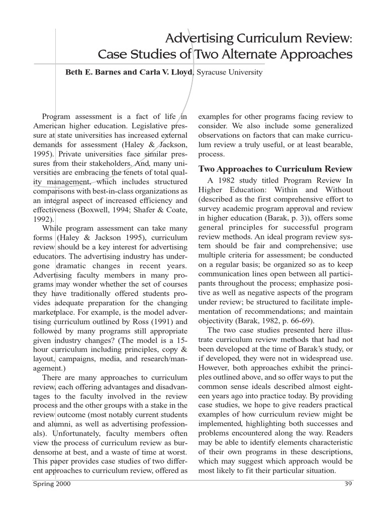 Barnes Lloyd 2000 Advertising Curriculum Review Case Studies of Two ...