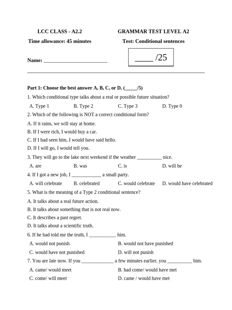 A2 Grammar Test: Conditional Sentences | PDF