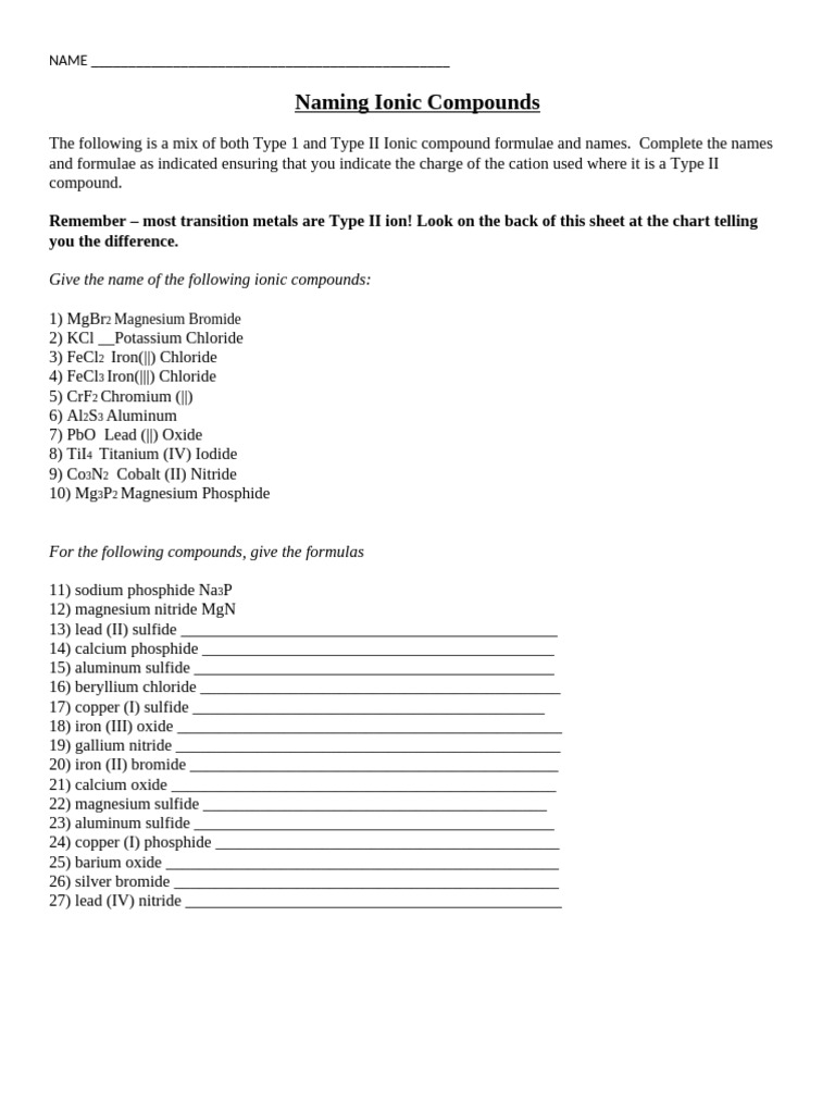 Copy of Type 1 and 2 Ionic Compouds Questions | PDF