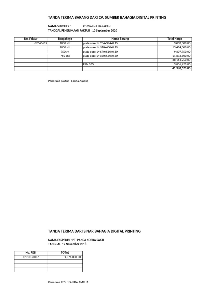 Tanda Terima Barang CV. Sumber Bahagia | PDF