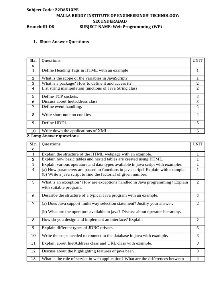 Web Programming Questions and Answers | PDF | Web Service | Html