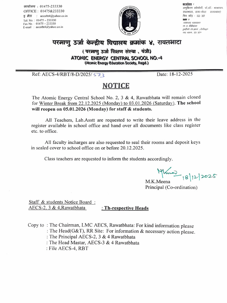 AECS Rawatbhata Winter Break Notice | PDF