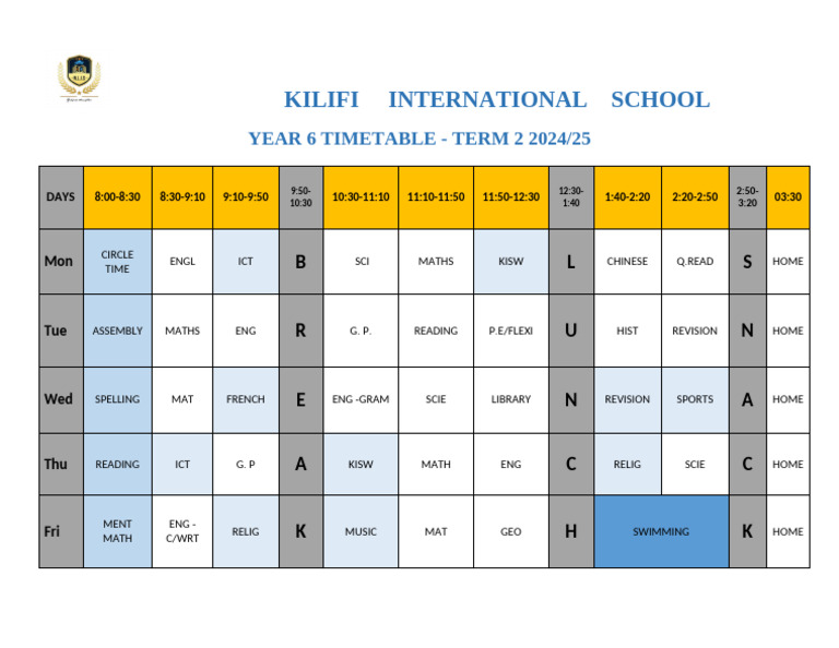 Year 6 Class Timetable TERM 2. | PDF
